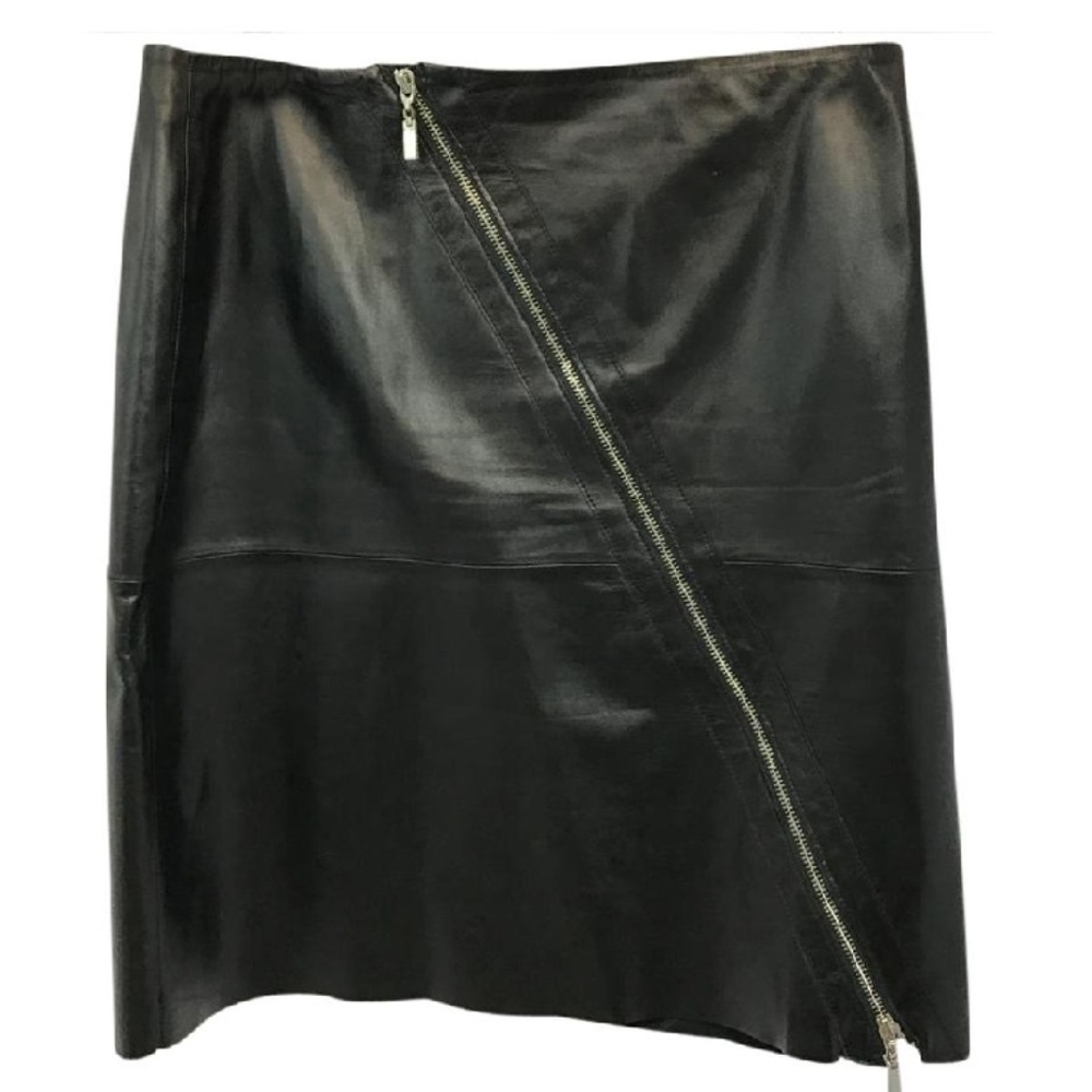 Diagonal Zipper Closure Black Leather Pencil Skirt - Gem